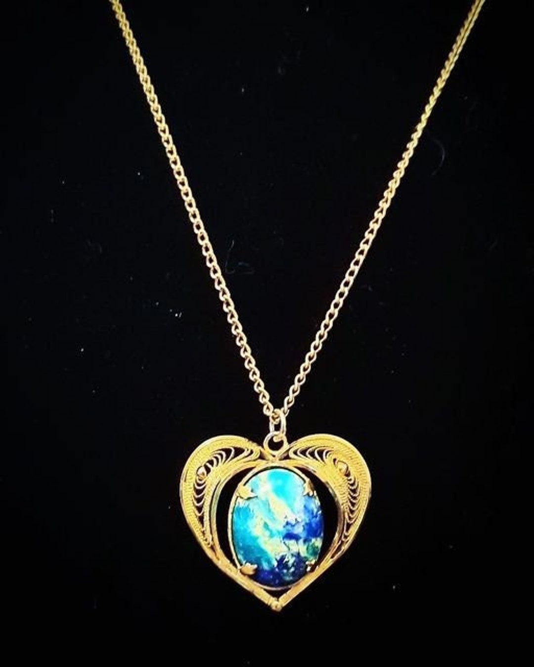 1980s Sorrento? 12K GF Azurite and Malachite Heart Filigree Necklace - Etsy