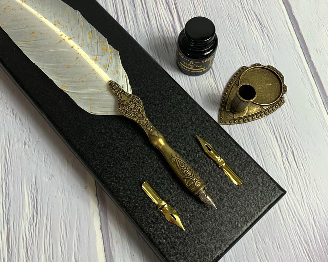Boxed White Feather Quill Pen Set Nibs Black Ink Fountain Pen, Vintage ...
