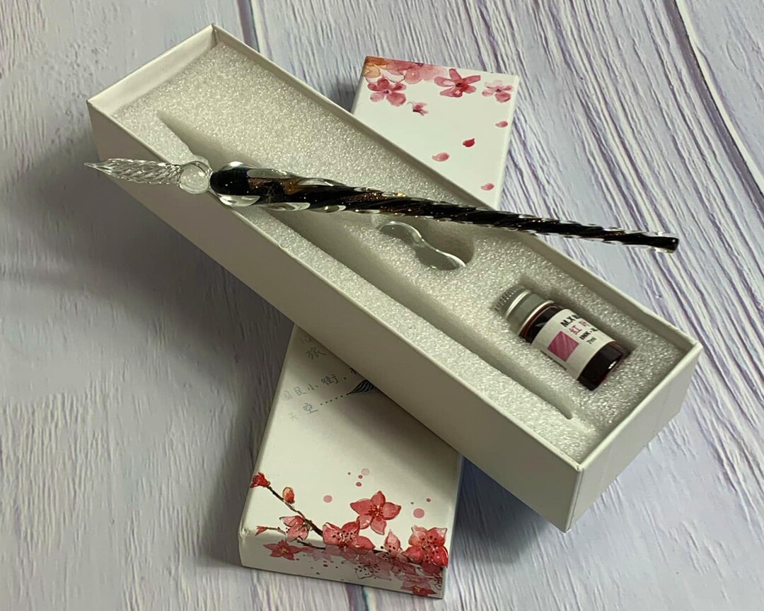 Black Gold Boxed Glass Ink Dipping Pen Set, Pen Rest, Ink Vessel, Cushioned Box, Ink Dip Writing ...