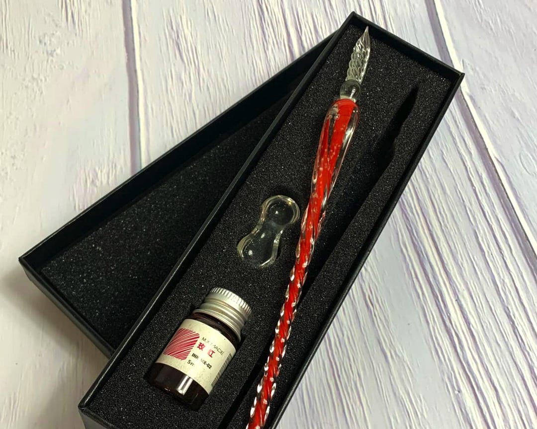 Boxed Glass Ink Dipping Pen Set, Pen Rest, Ink Vessel, Black Cushioned Box, Ink Dip Writing ...