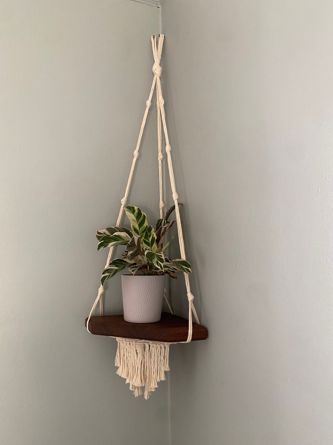 Walnut Wood Macrame Hanging Corner Shelf - Etsy