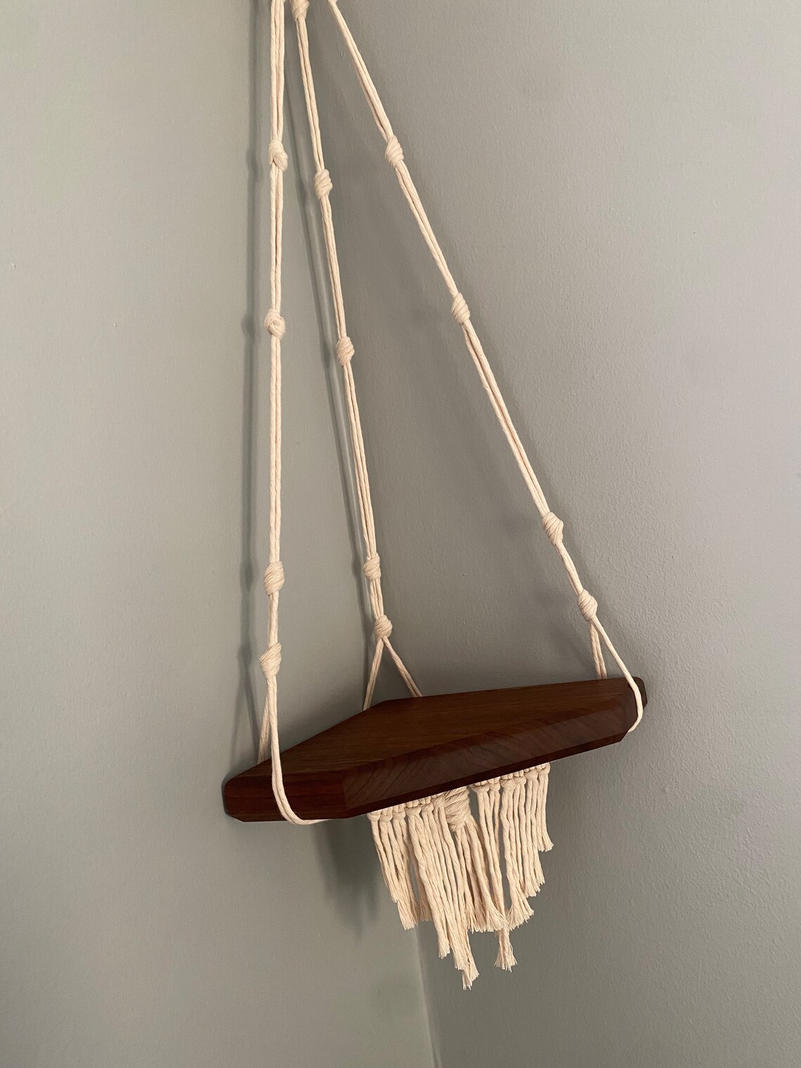 Walnut Wood Macrame Hanging Corner Shelf - Etsy