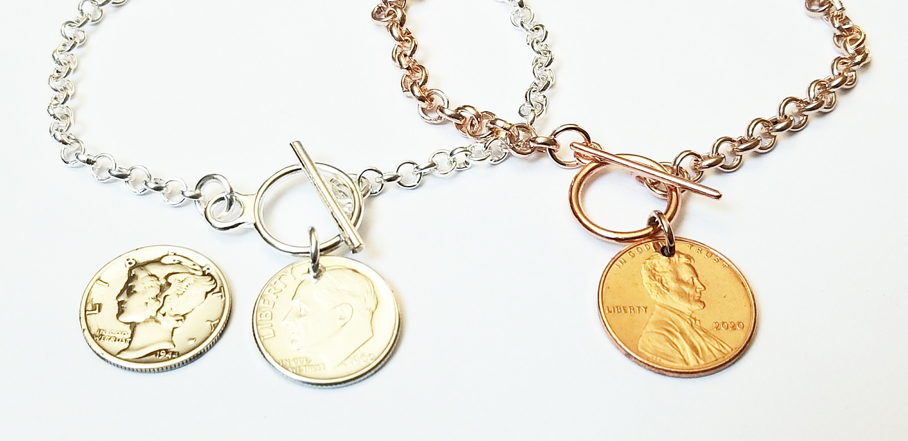 Penny Dime Rose Gold Silver Plated Charm Rolo Link Bracelet - Etsy