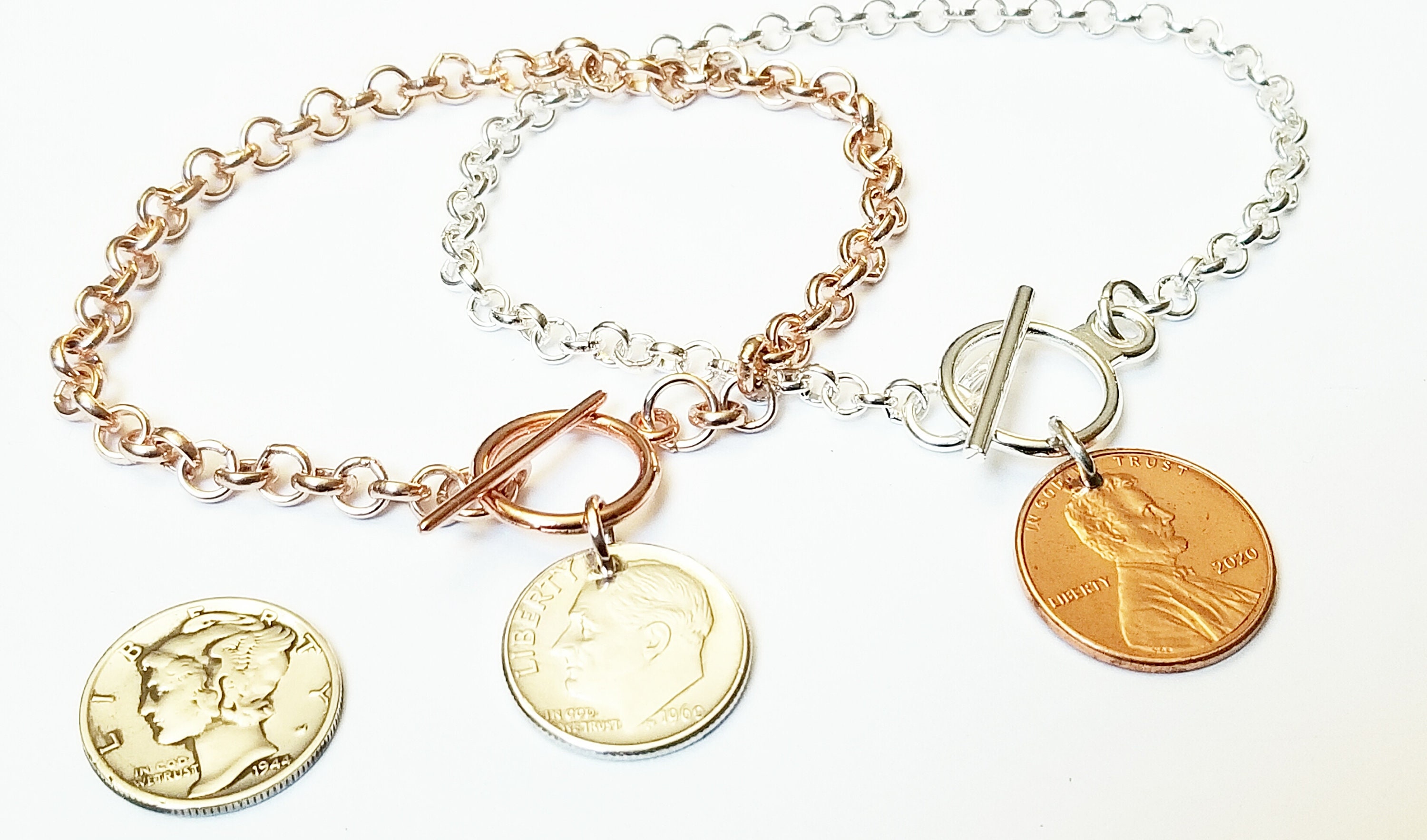Penny Dime Rose Gold Silver Plated Charm Rolo Link Bracelet - Etsy