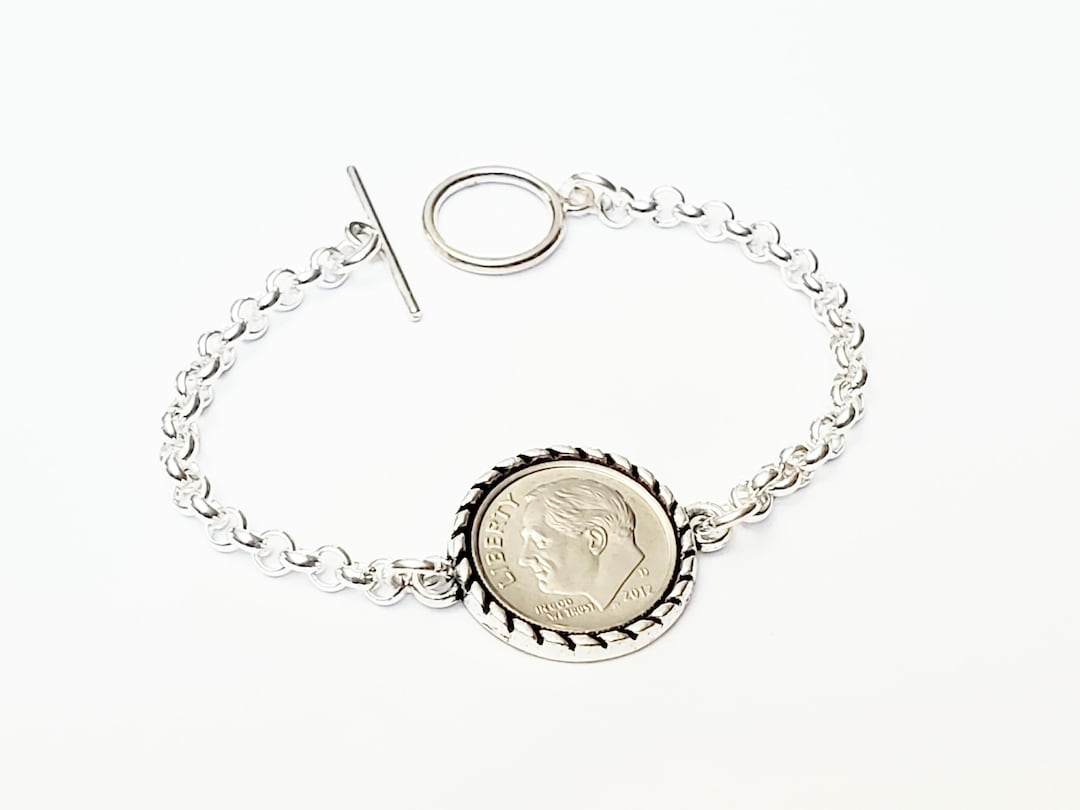 Dime Silver Plated Stainless Charm Rolo Link Bracelet Toggle Clasp US ...