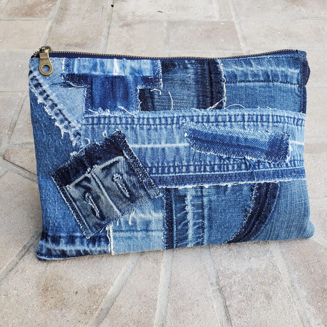 Raw Edged Jeans Pouch, Upcycled Pieced Denim Unisex Flat Pouch ...