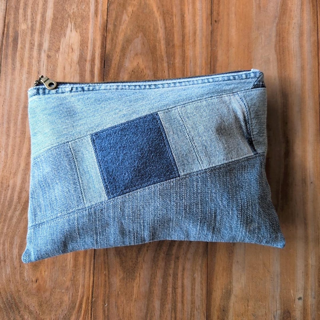Patchwork Denim Clutch: Upcycled Jeans Bag With Zipper Pocket - Etsy