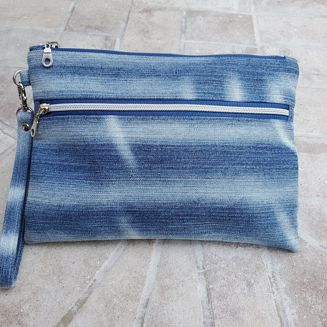 Double Zip Upcycled Jeans Clutch, Recycled Blue Denim Flat Pouch ...