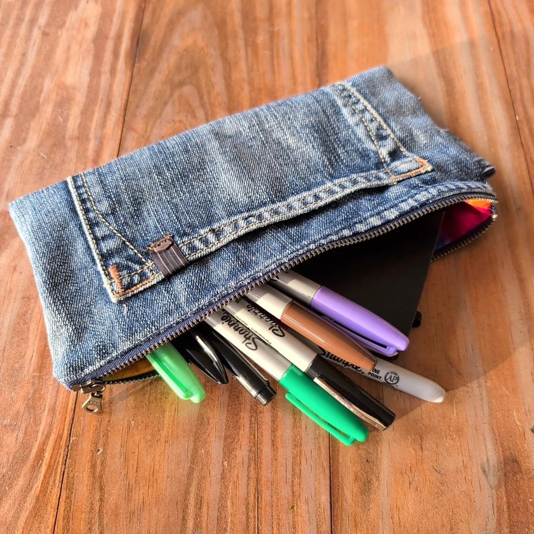 Upcycled Denim Long Pencil Pouch, Reclaimed Jeans Pocket Zip Pencil ...