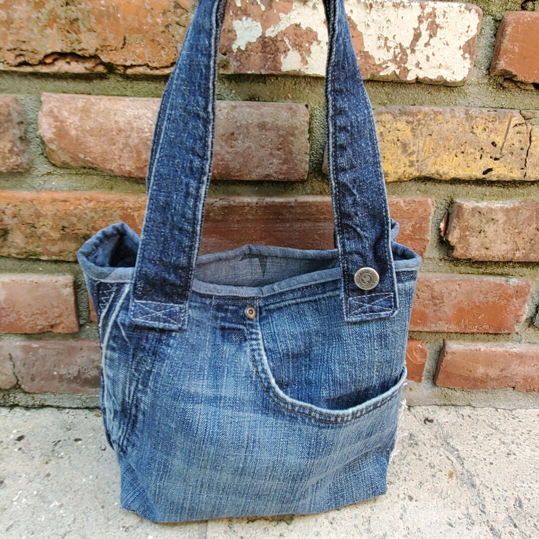 Chunky Small Lined Denim Tote Bag, Earth Day Upcycled Blue Jeans ...