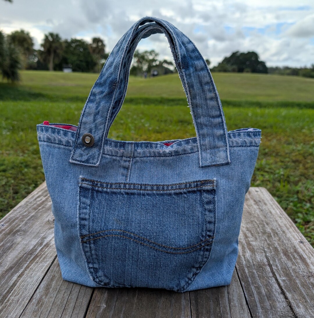 Small Chunky Reclaimed Denim Tote Bag, Earth Day Upcycled Blue Jeans ...