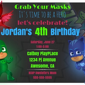PJ Masks Digital PDF JPG Invitation Print at Home Pj Masks - Etsy