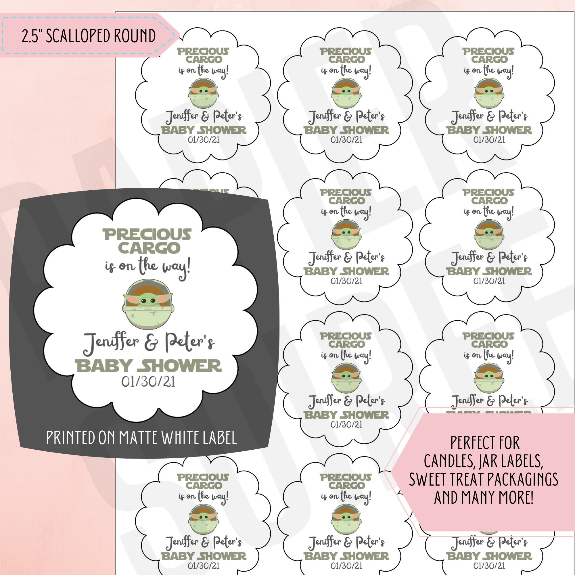 Baby Yoda Baby Shower 2.5" Scallop Circle Label Thank You Star Wars ...