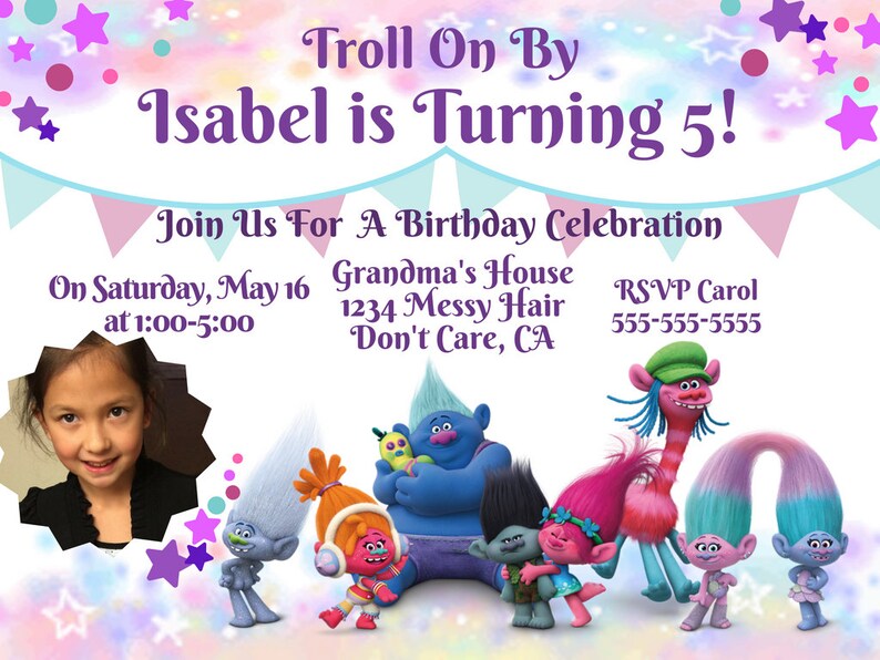 Trolls Themed Invitation Digital JPEG File Print at Home - Etsy