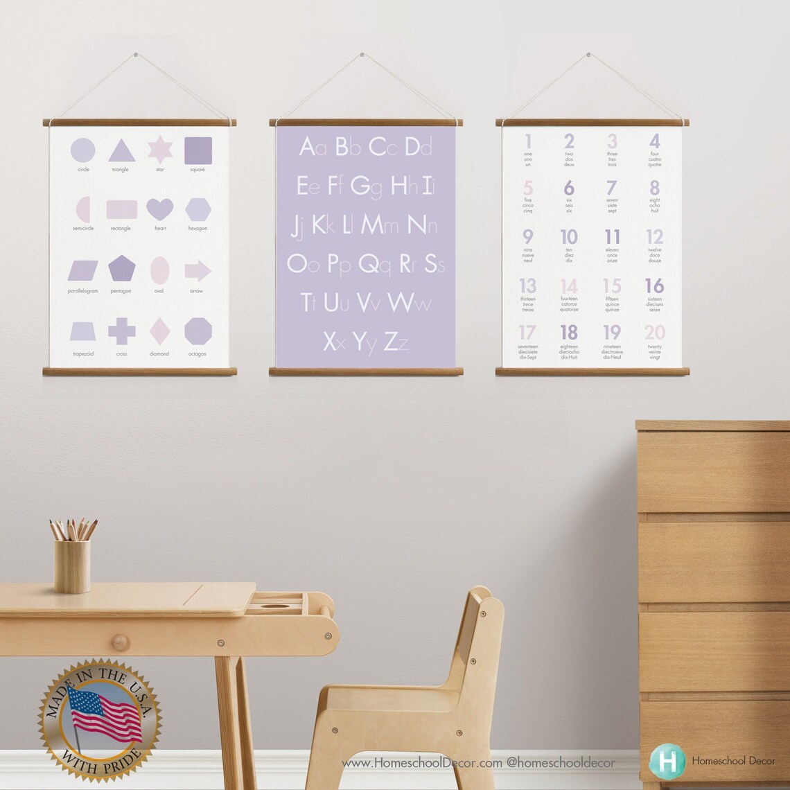 Set of 3 Educational Poster Nursery Prints for Girls Shapes Counting ...