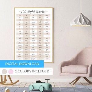 100 Sight Words Printable Set Educational Poster for Learning ...