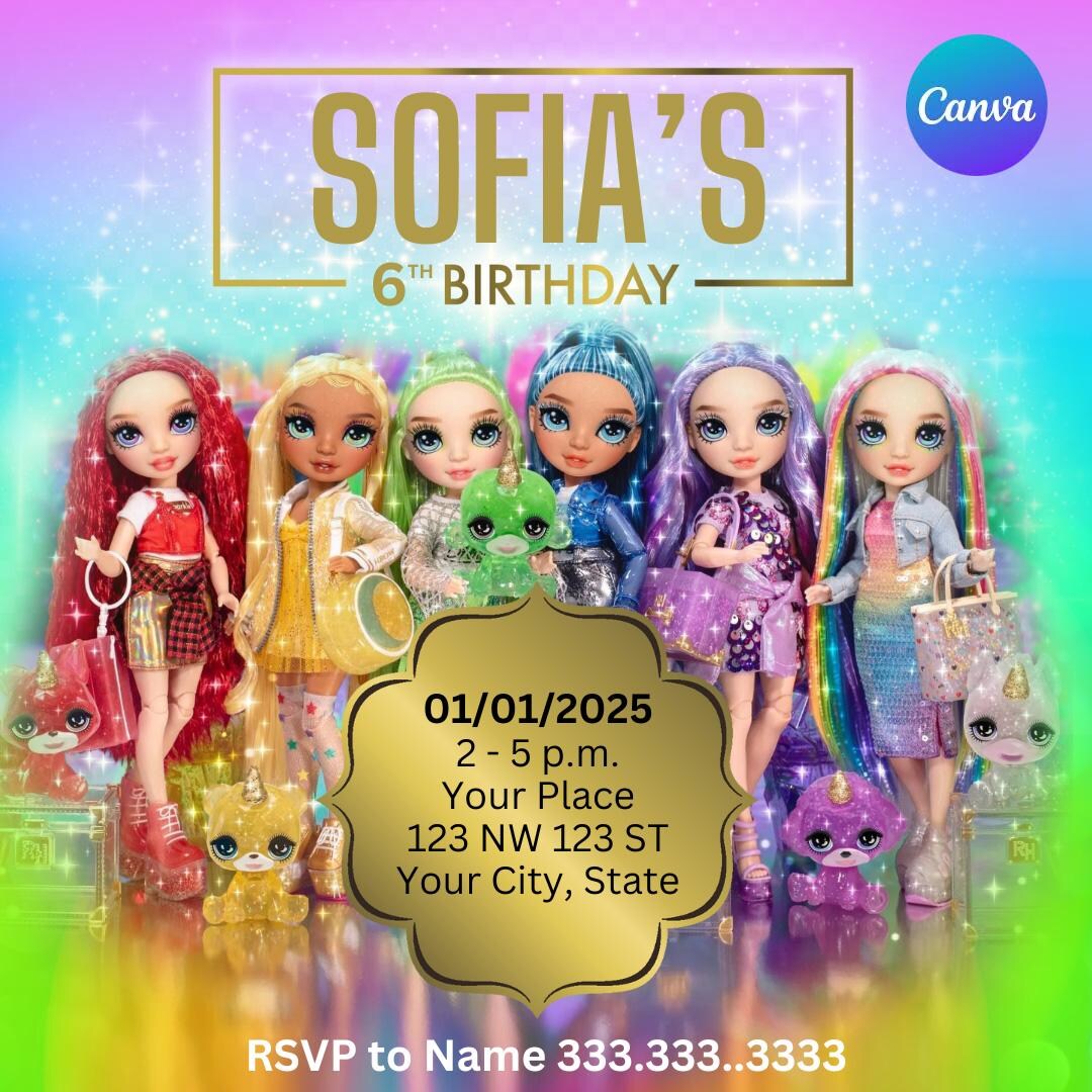 Rainbow High Invitation Girls Birthday Party CUSTOMIZABLE Canva ...