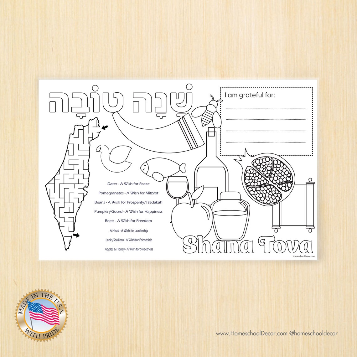 Rosh Hashana Printable Coloring Placemat Jewish Kids Prints Shana Tova ...