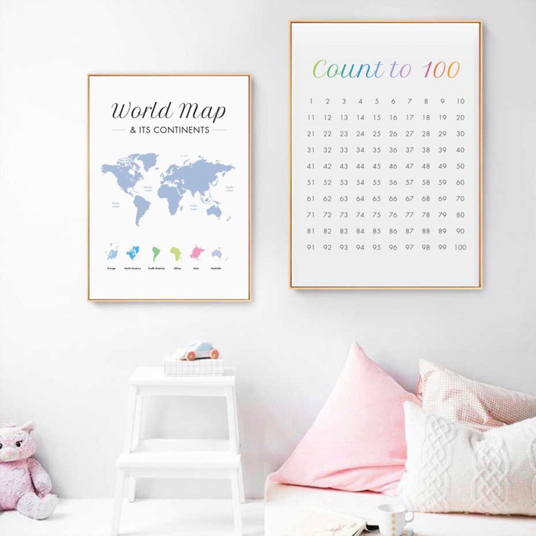 World Map & Its Continents Poster Print for Playroom Decor, Kids Room ...