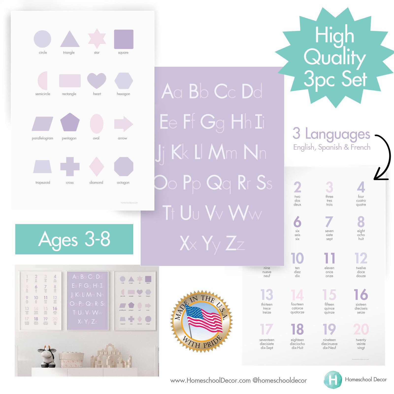 Set of 3 Educational Poster Nursery Prints for Girls Shapes Counting ...