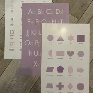 Set of 3 Educational Poster Nursery Prints for Girls Shapes Counting ...