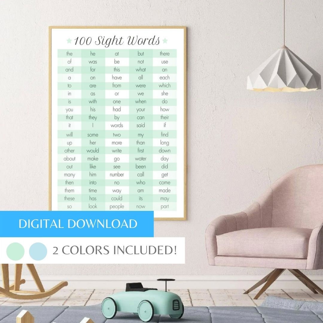 100 Sight Words Printable Set Educational Poster for Learning ...