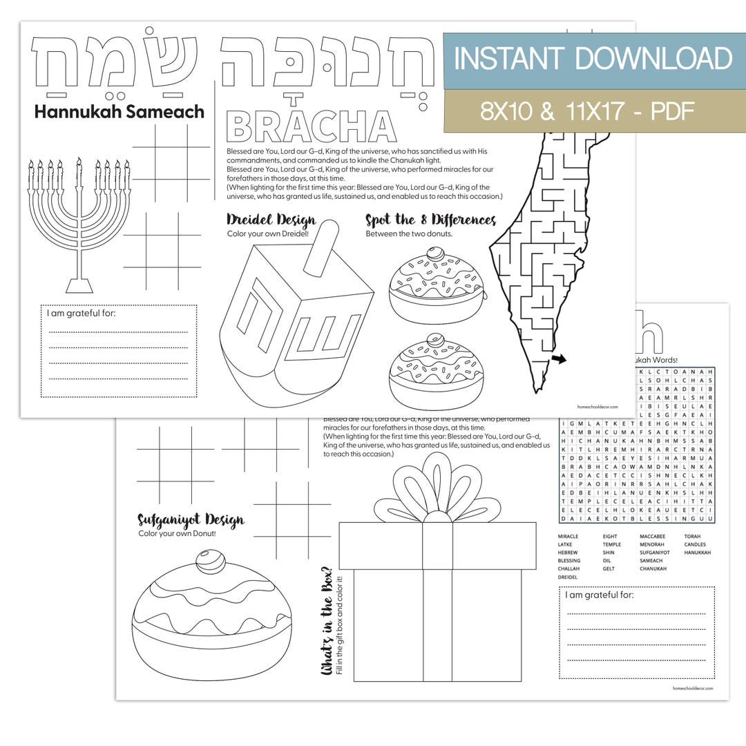 Hanukkah Printable Coloring Placemat Jewish Table Activity Holidays for ...