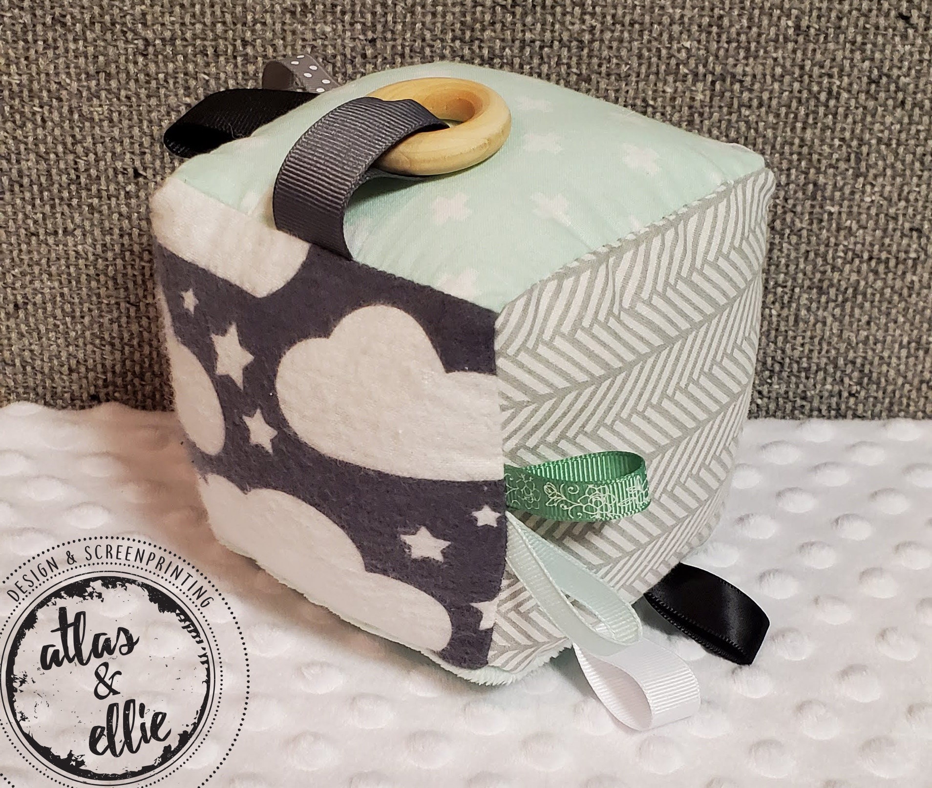 Fabric Activity Cube for Babies, Each side has textures and prints to ...
