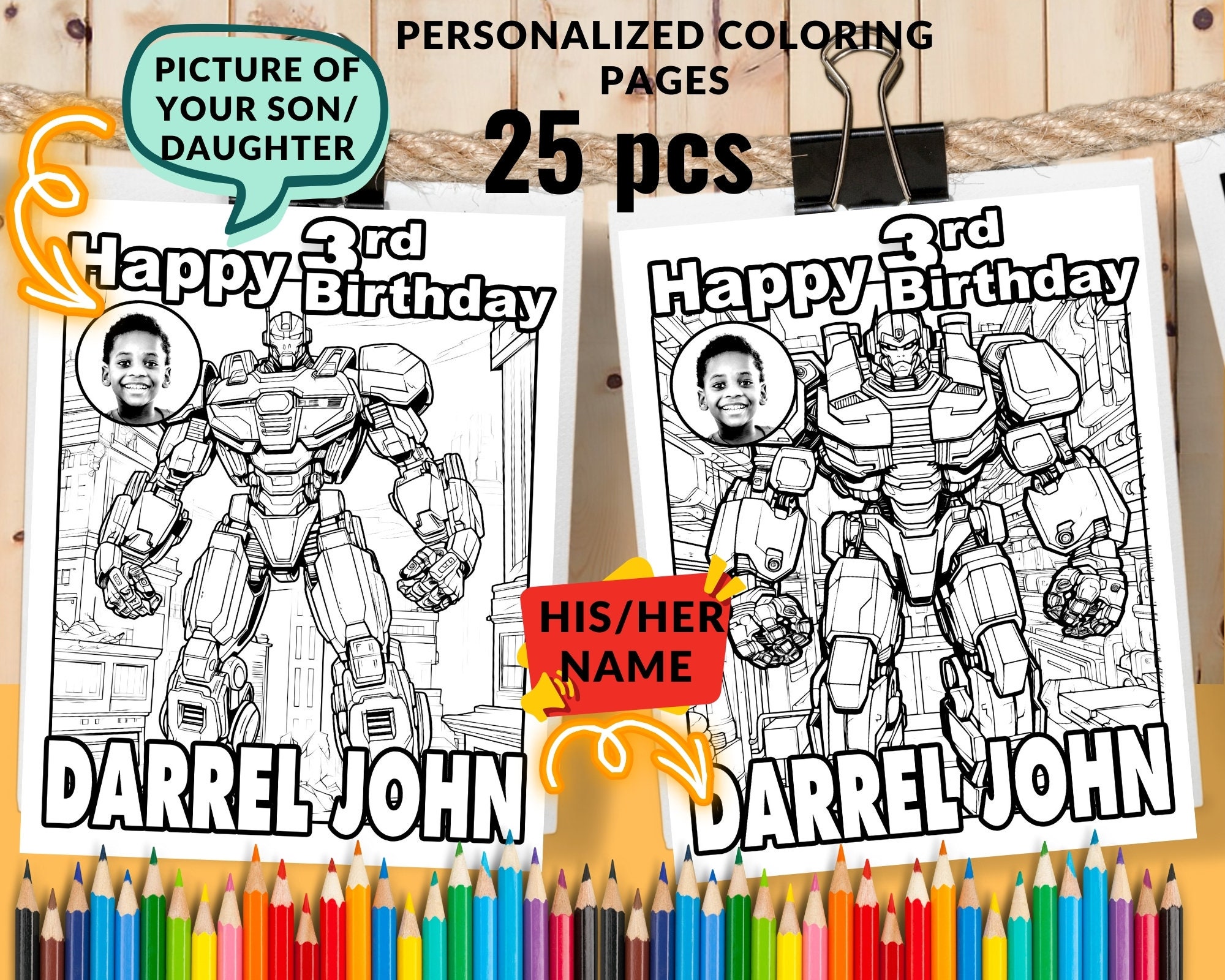 Personalized Robot Birthday Coloring Pages: 25 Page Party Activity ...