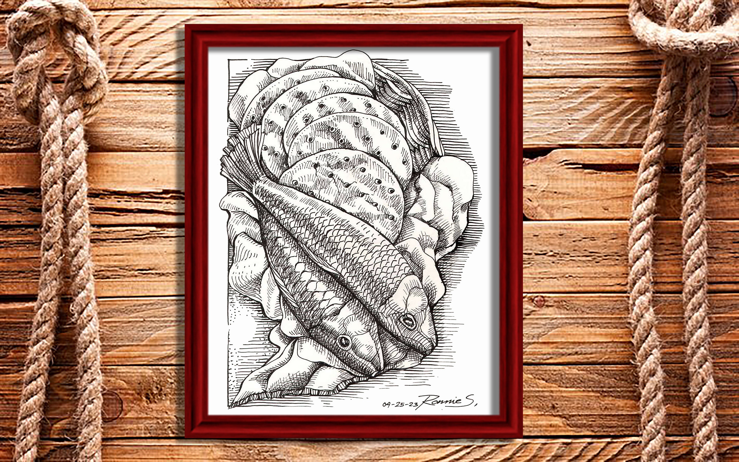 2 Fish and 5 Loaves Illustration Bible Art Prints, Line Art Vintage ...