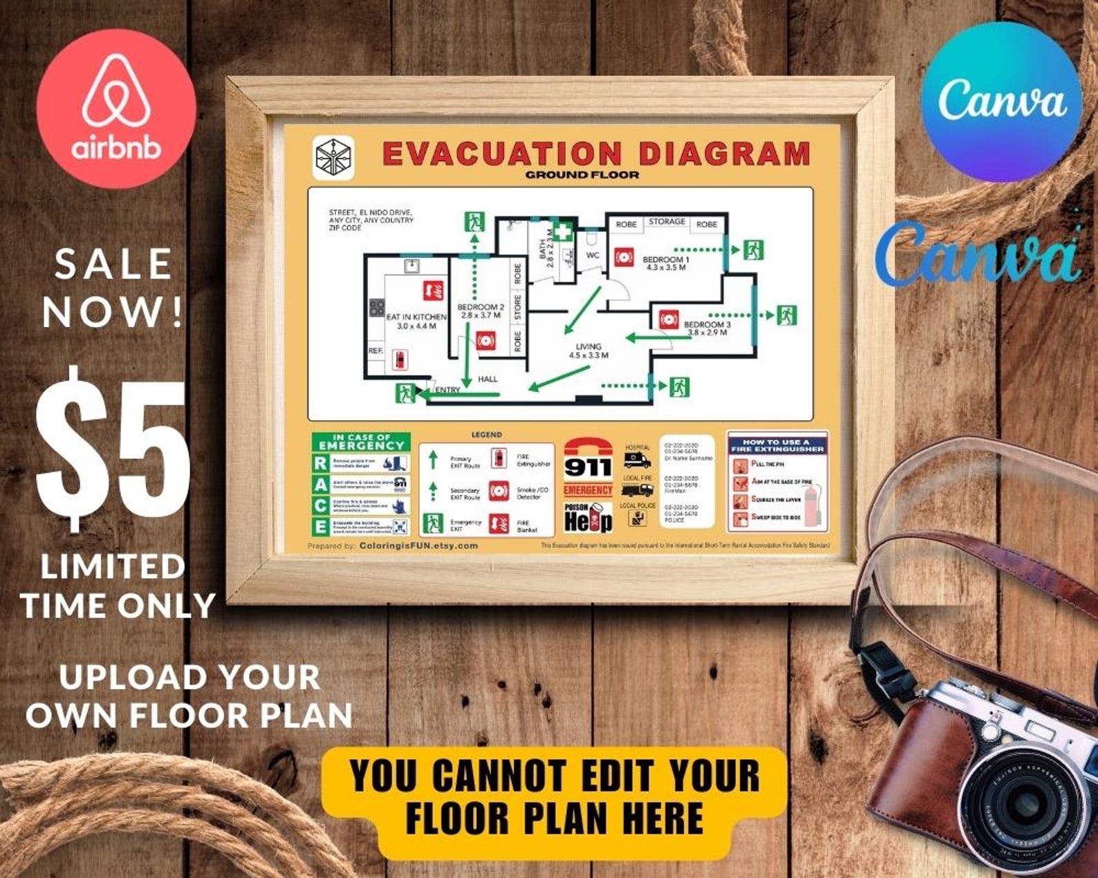 Editable Evacuation Diagram Emergency Fire Escape Route Plan Air Bnb ...