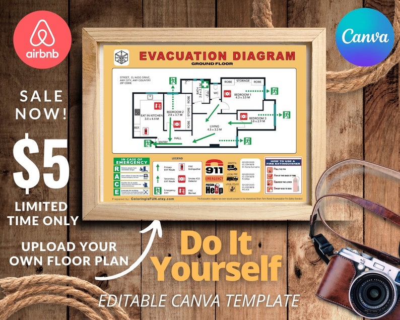 Editable Evacuation Diagram Emergency Fire Escape Route Plan Air Bnb ...