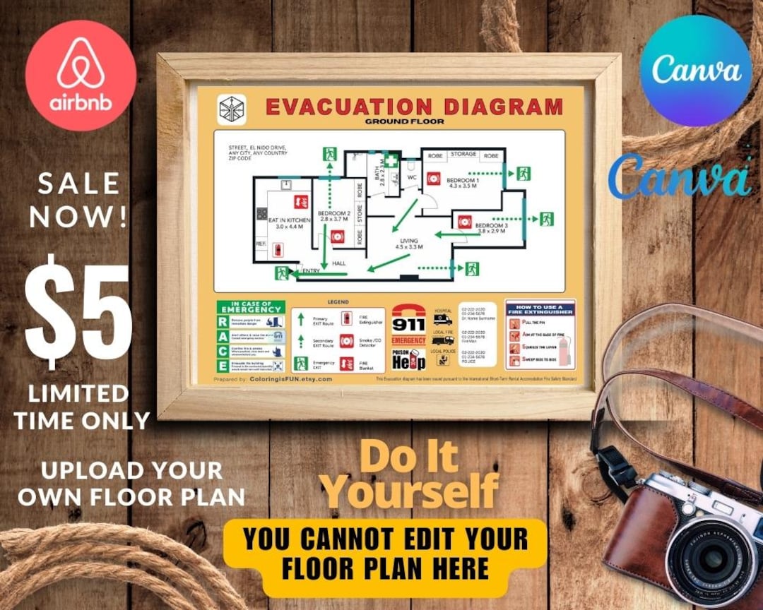 Editable Evacuation Diagram Emergency Fire Escape Route Plan Air Bnb Home Rentals - Etsy