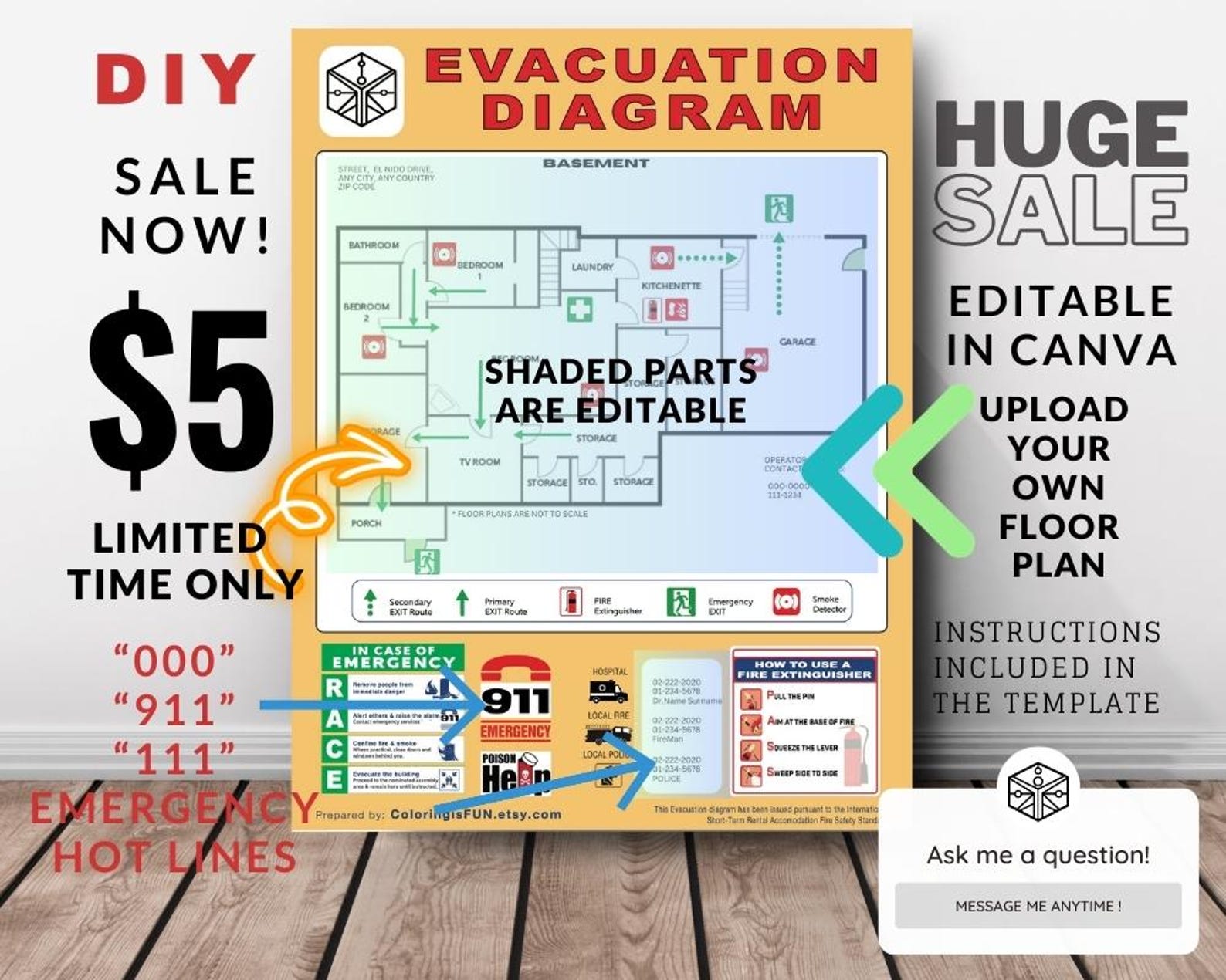 Editable Evacuation Diagram Emergency Fire Escape Route Plan Air Bnb ...