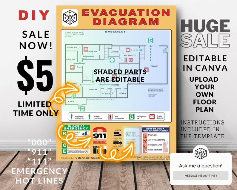 Editable Evacuation Diagram Emergency Fire Escape Route Plan Air Bnb ...
