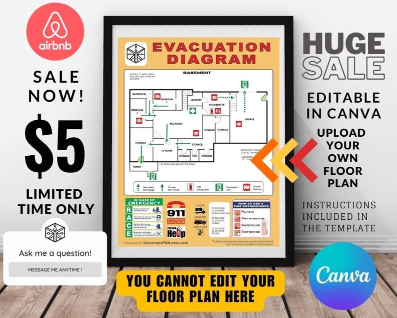 Editable Evacuation Diagram Emergency Fire Escape Route Plan Air Bnb ...