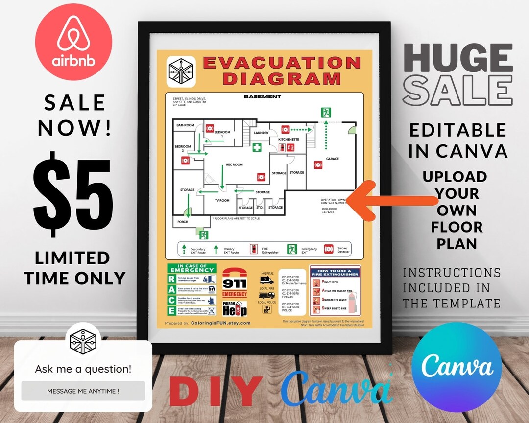 Editable Evacuation Diagram Emergency Fire Escape Route Plan Air Bnb ...