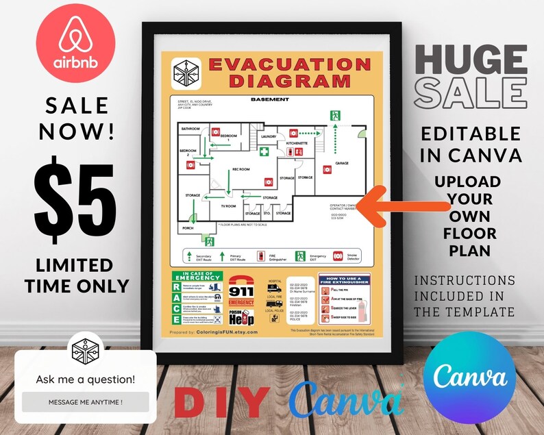 Editable Evacuation Diagram Emergency Fire Escape Route Plan Air Bnb ...