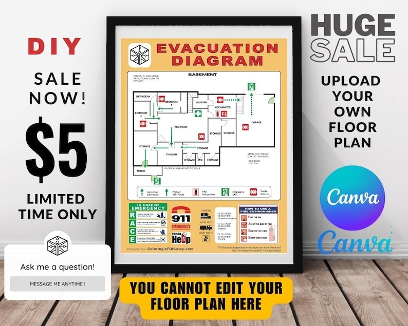 Editable Evacuation Diagram Emergency Fire Escape Route Plan Air Bnb ...