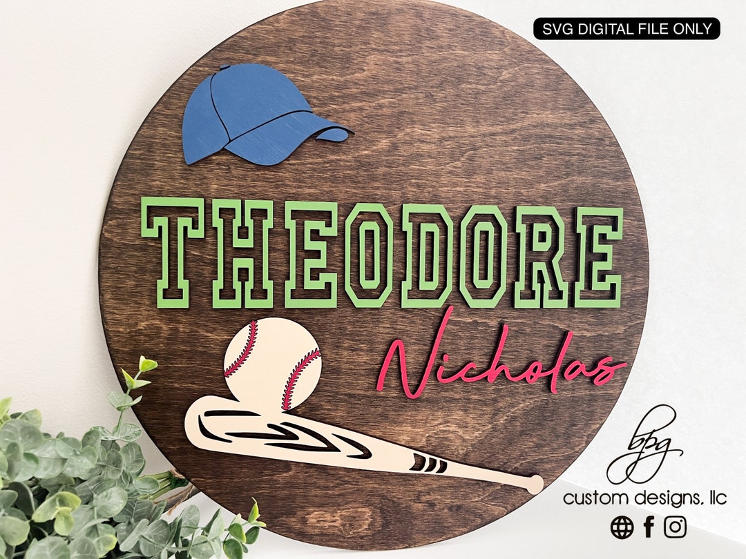 DIGITAL Baseball Theme Name Round Sign Sport Bat Hat Athlete Room Decor ...