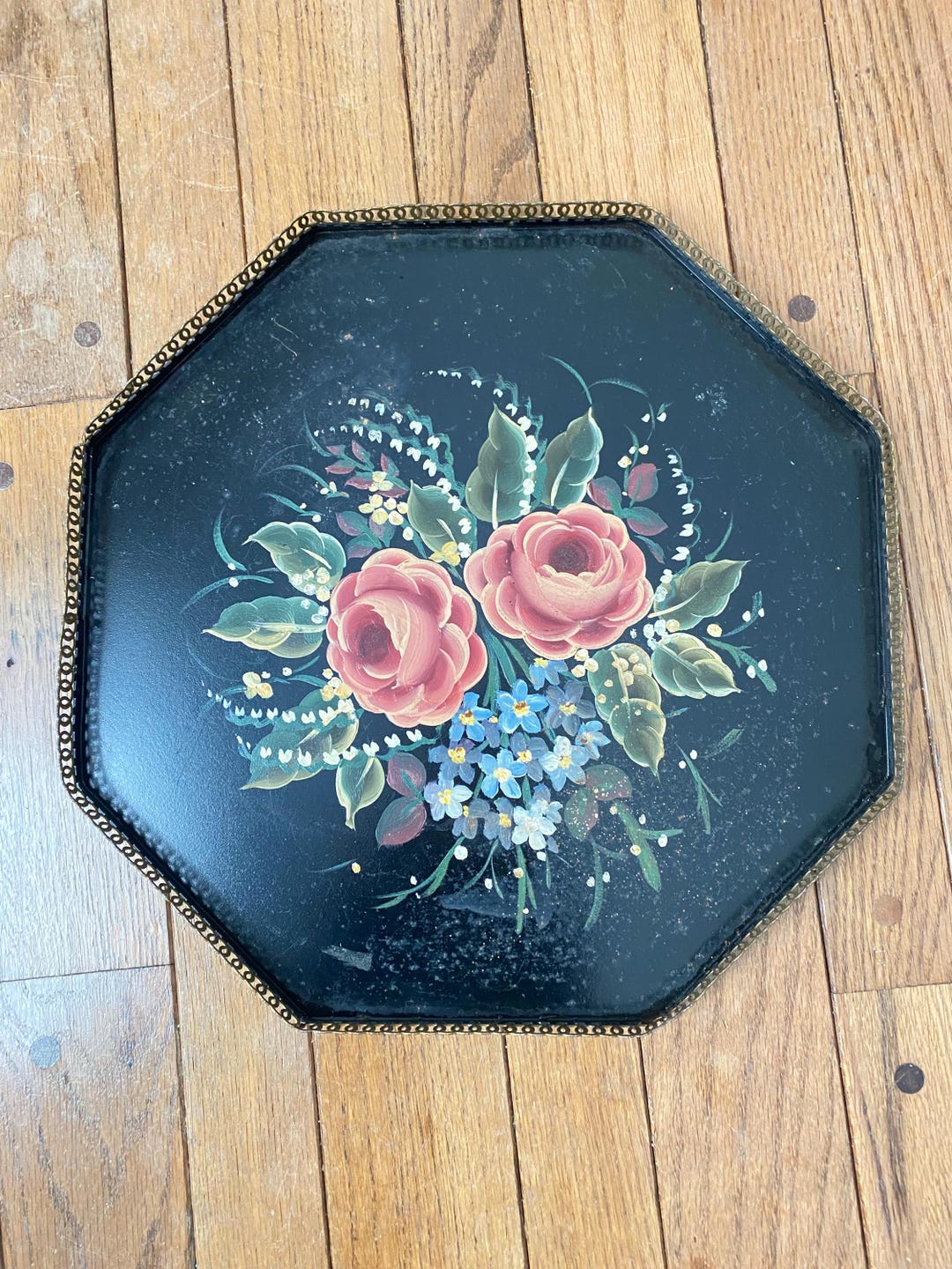 8 Sided Hand Painted TOILE TRAY Floral BRONZE Gallery Edge Trim - Etsy