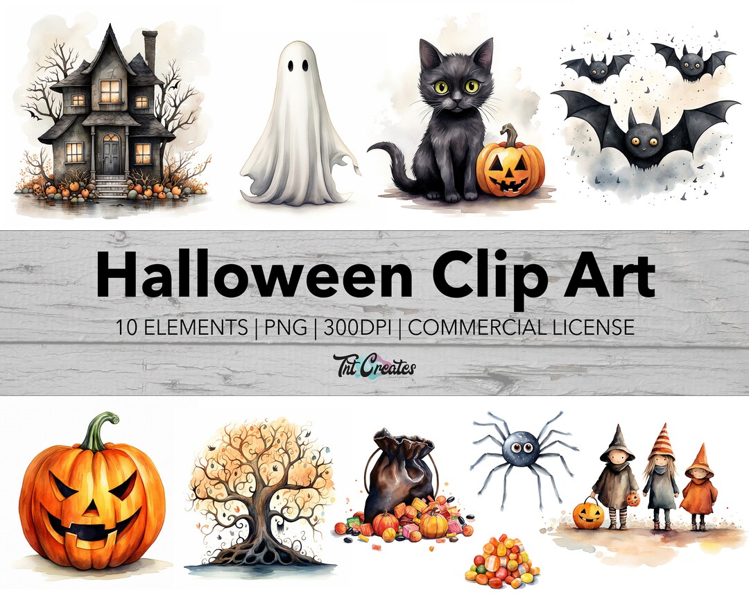 Watercolor Halloween Clip Art, Transparent Background Digital Download ...