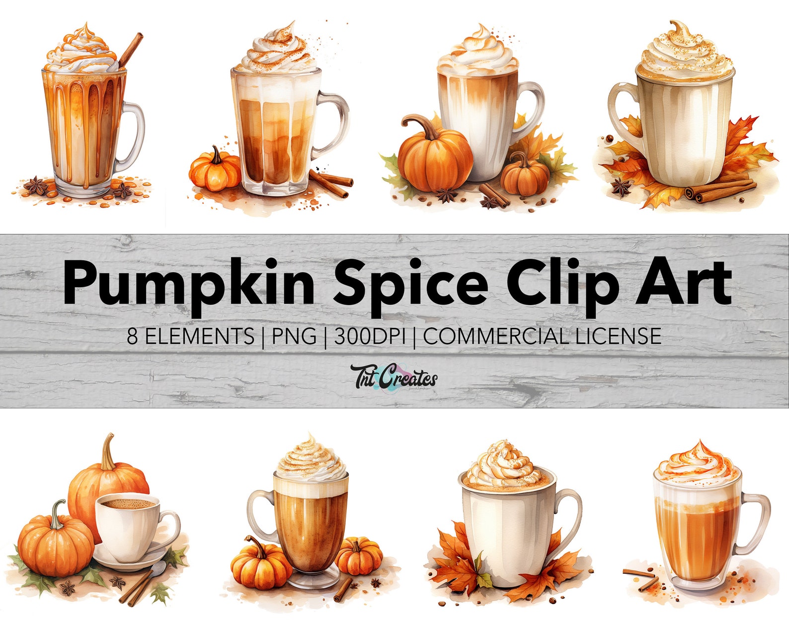 Watercolor Pumpkin Spice Fall Clip Art, Transparent Background Digital ...