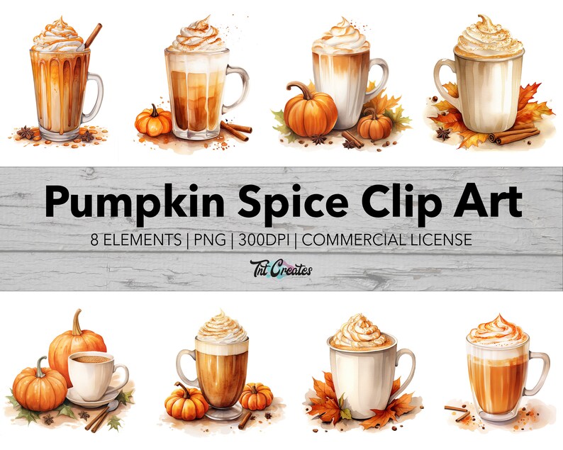 Watercolor Pumpkin Spice Latte Clipart: Fall Drink PNG Bundle (digital ...