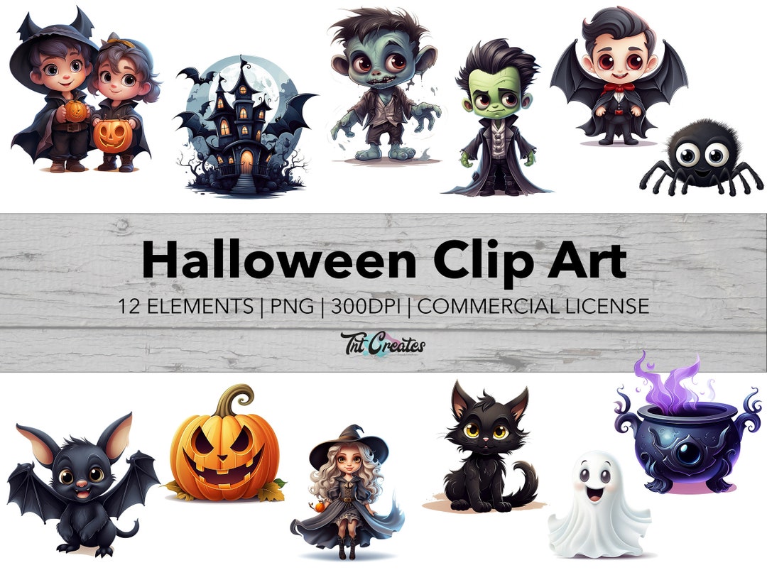 Halloween Cartoon Clip Art Bundle, Transparent Background Digital ...