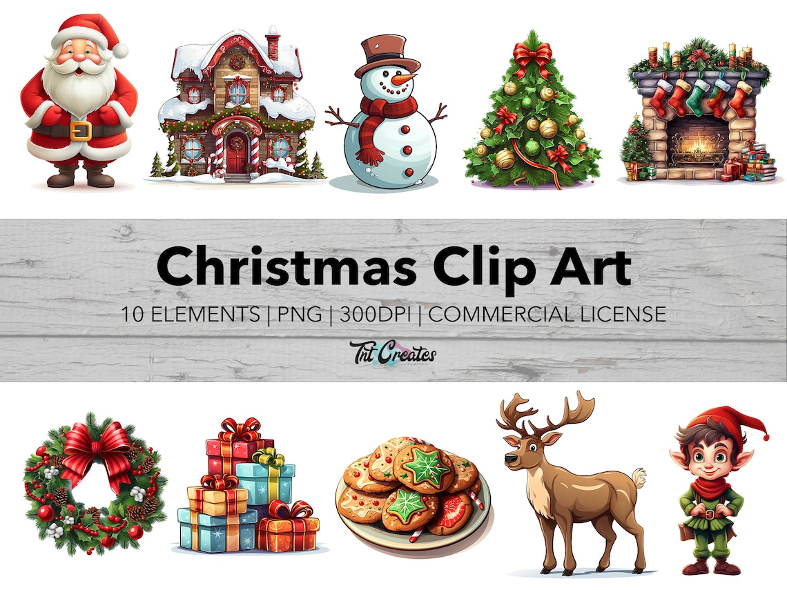 Cartoon Christmas Clip Art Bundle, Transparent Background Digital ...