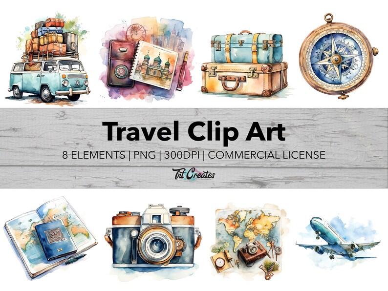 Watercolor Travel Clip Art Bundle -vacation Crafts, Transparent ...