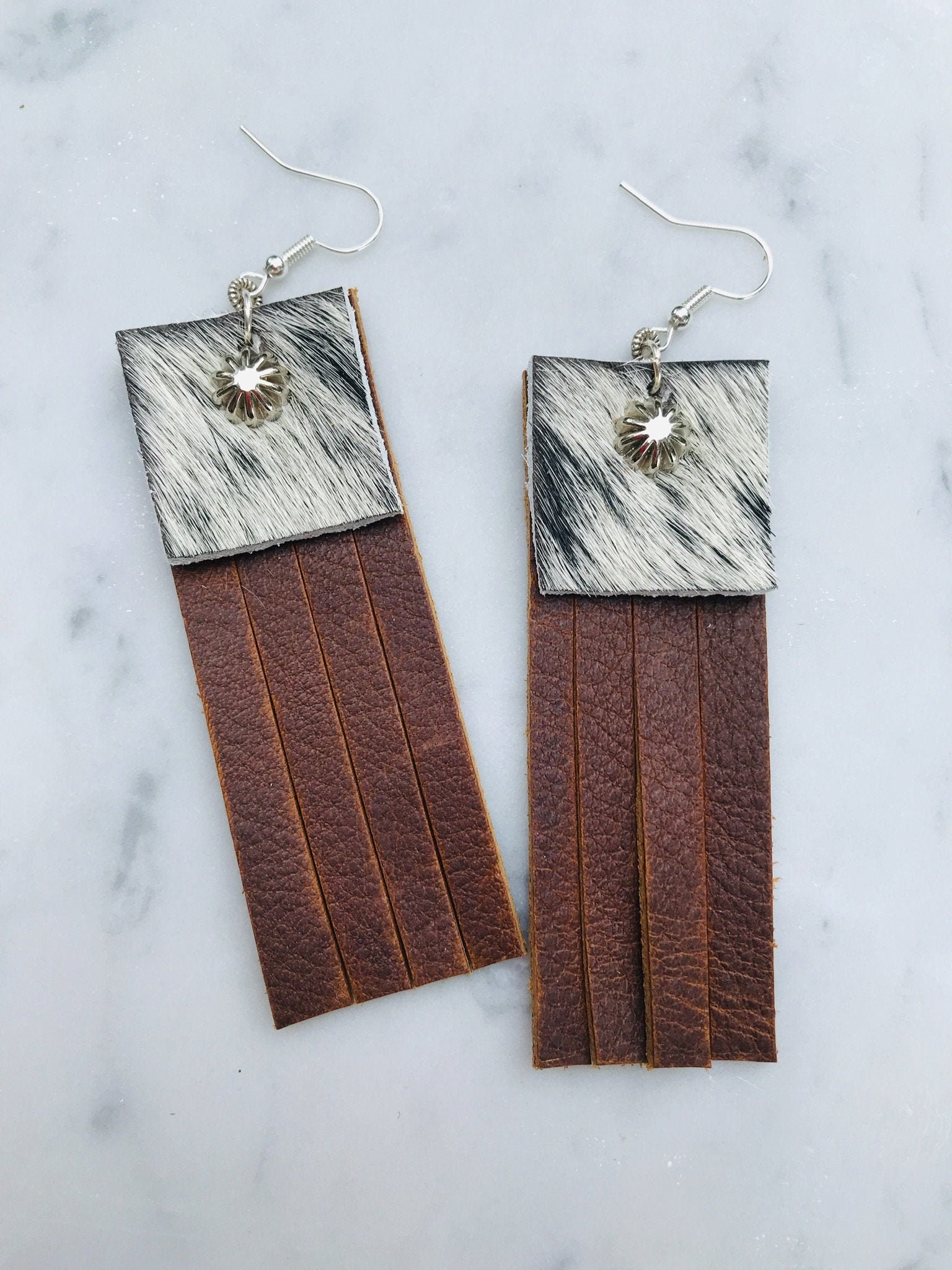 Cowhide and leather fringe earrings-western jewelry-Hair on | Etsy