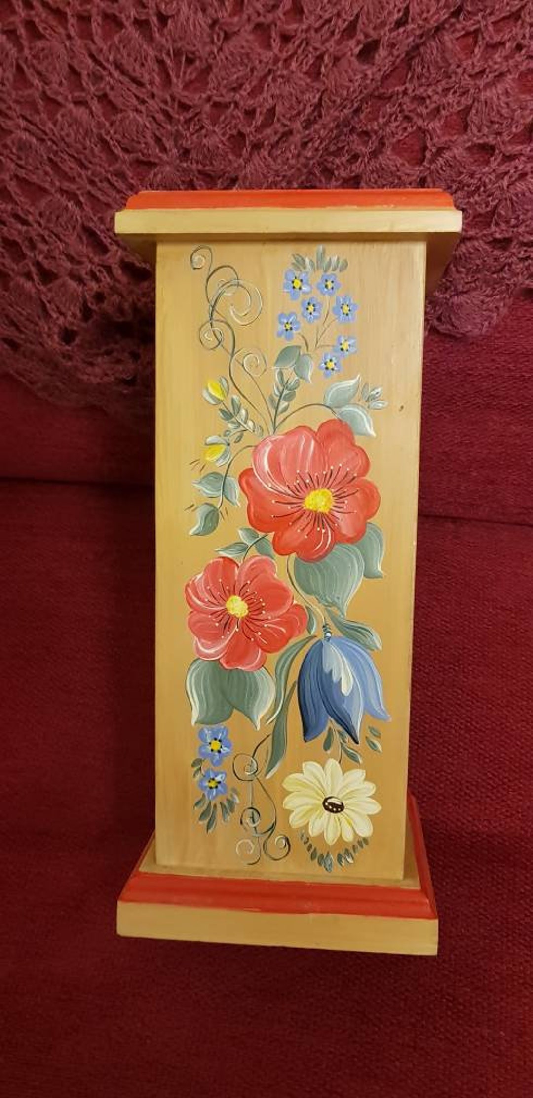 French Country Folk Art Hand Painted Wooden Display Plinth Base Piece ...