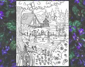 Cozy Cottage Printable Adult Coloring Book Page for | Etsy